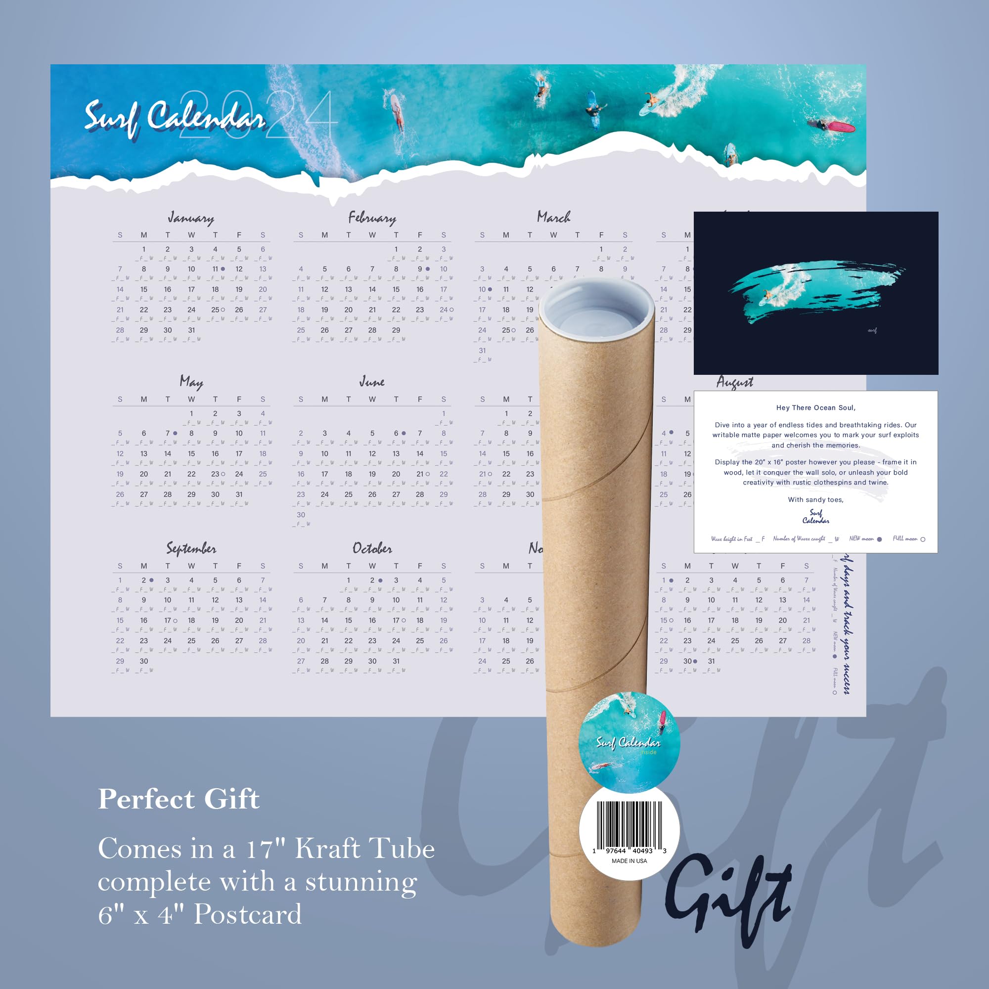 2024 Surf Calendar 20"×16" | Writable Durable Wave Tracker Poster in Kraft Tube