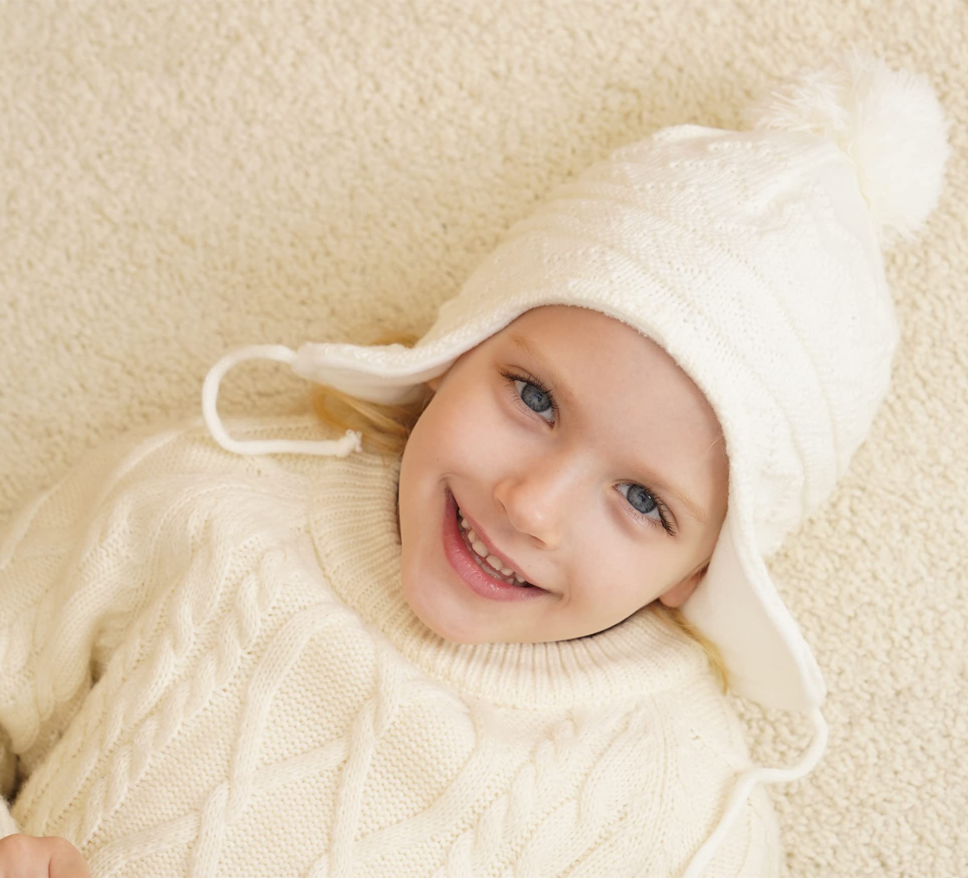 Connectyle Toddler Boys Beanies with Ear Flaps Kids Pompom Beanie Hat Fleece Lined Knit Winter Skull Caps M White