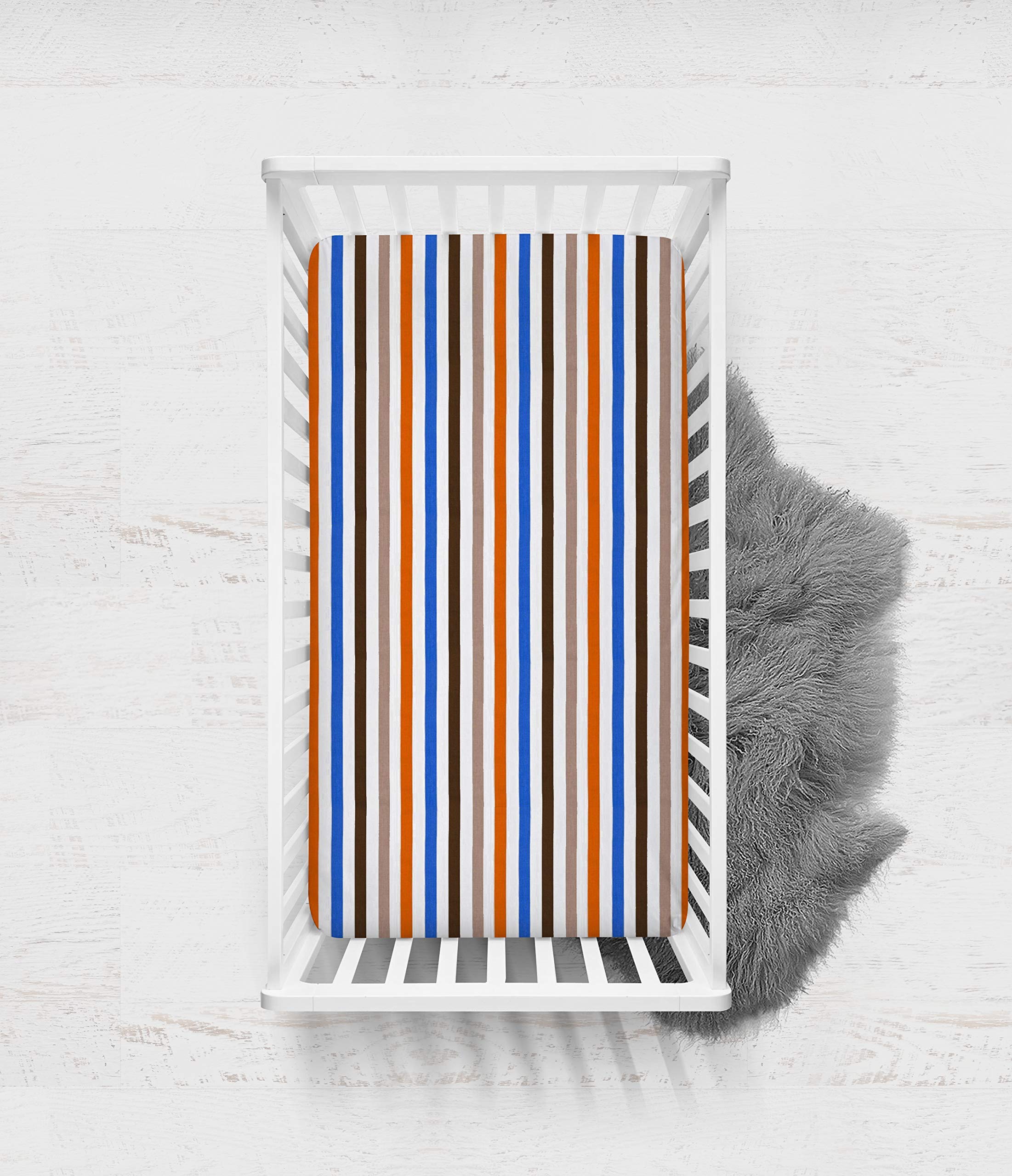 Bacati - 2 Pack MOD Sports Boys 100% Cotton Percale Universal Baby US Standard Crib or Toddler Bed Fitted Sheets (Stripes, Blue Orange Chocolate Brown)