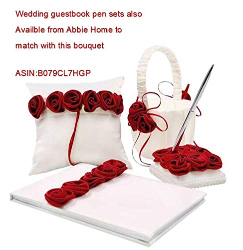 Abbie Home 8 Inches Bride Wedding Bouquet in Burgundy - White Satin Roses with Pearls Rhinestone Brooches Accessories (Burgundy&White)