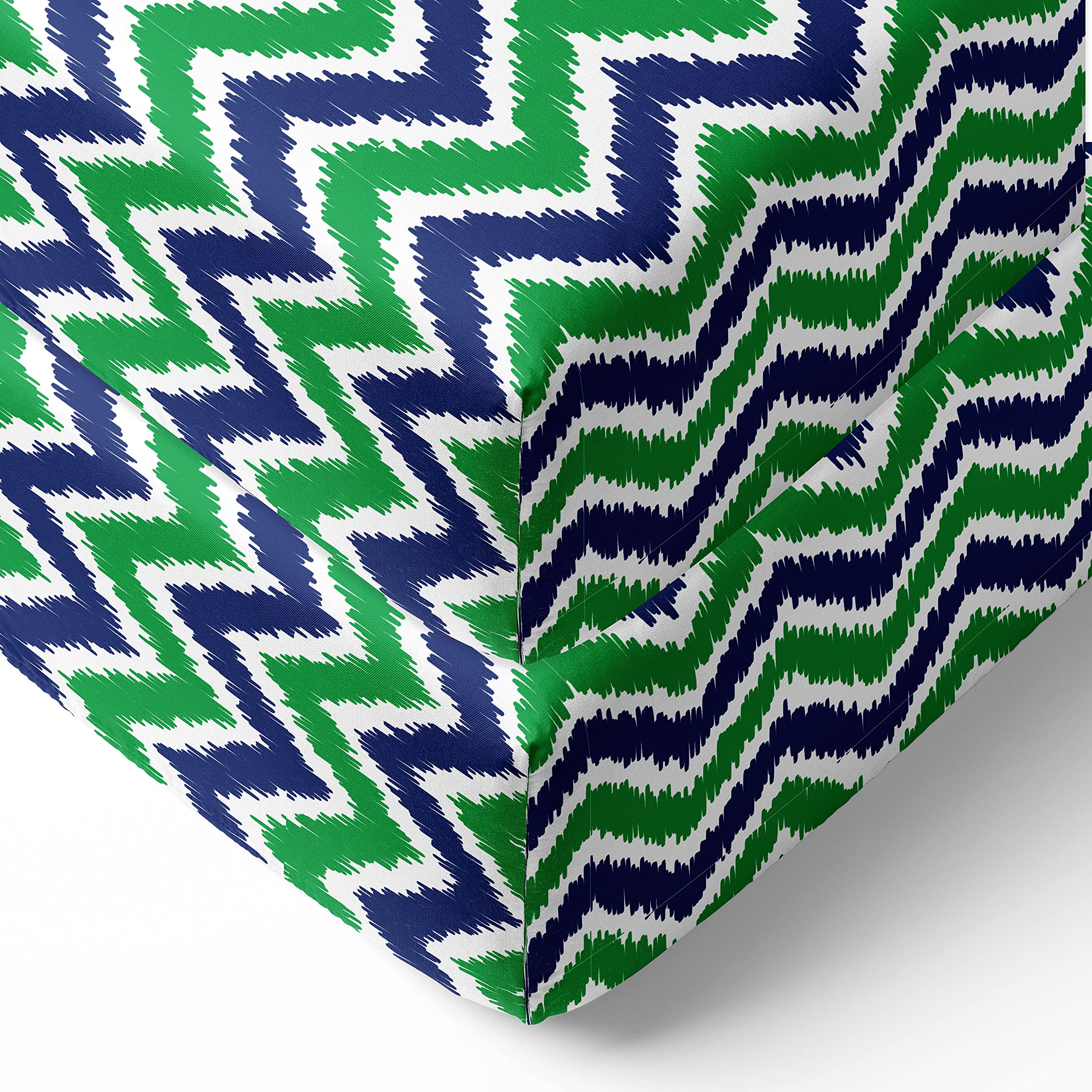 Bacati - 2 Pack Crib Fitted Sheets - Mix and Match Ikat Zigzag Chevron Soft Breathable 100% Cotton Percale Baby Sheets - Fits Standard 28 x 52 X 5 inches Crib & Toddler Mattresses(Navy Green)