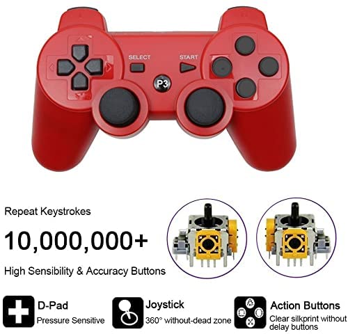 2 Pack PS3 Wireless Controller Playstation 3 Controller Wireless Bluetooth Gamepad with USB Charger Cable for PS3 Console (Red+White)