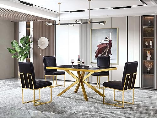 AZhome Modern Dining Room Table with Gold Stainless Steel Metal X-Base in Black Gold