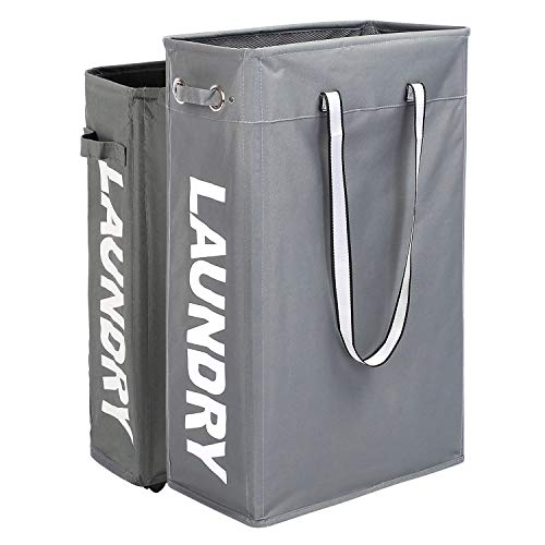 Cloth Clothes Basket, Caroeas 24" Handy Hanging Laundry Basket Tall & Slim Hamper Waterproof Laundry Bag Collapsible Travel Laundry Bag with Breathable Mesh Cover & Soft Handle Laundry Hamper (Grey1)