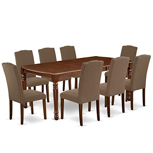 East West Furniture DOEN9-MAH-18 9-Pieces Modern Dinette Set-Dark Coffee Linen Fabric Chairs-Mahogany Finish 4 legs Hardwood Butterfly Leaf Rectangular Kitchen Table and Structure, 9