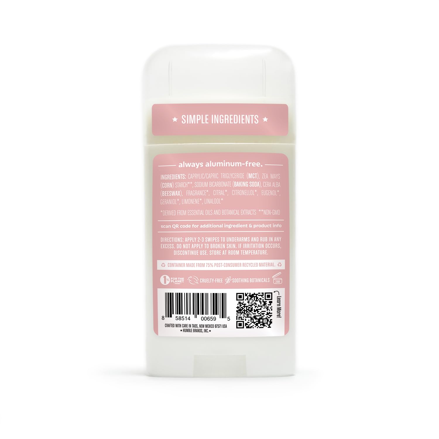 HUMBLE BRANDS Original Formula Aluminum-free Deodorant. Long Lasting Odor Control with Baking Soda and Essential Oils, Moroccan Rose, Pack of 1