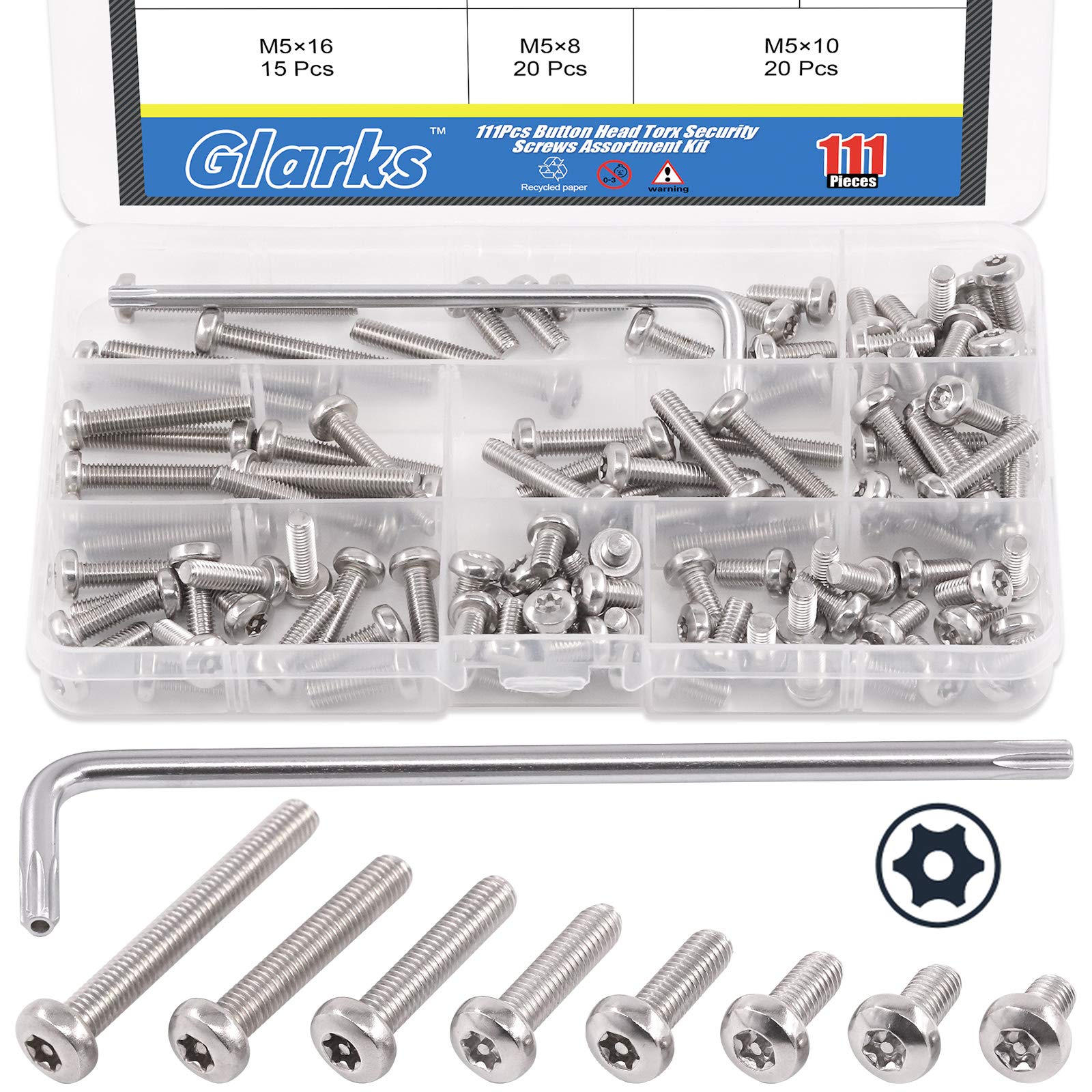 Glarks 111Pcs M5 x 8mm 10mm 12mm 16mm 20mm 25mm 30mm 40mm Pan Head Torx Security Screws 304 Stainless Steel Tamper Resistant Screws Assortment Set with T25 Wrench
