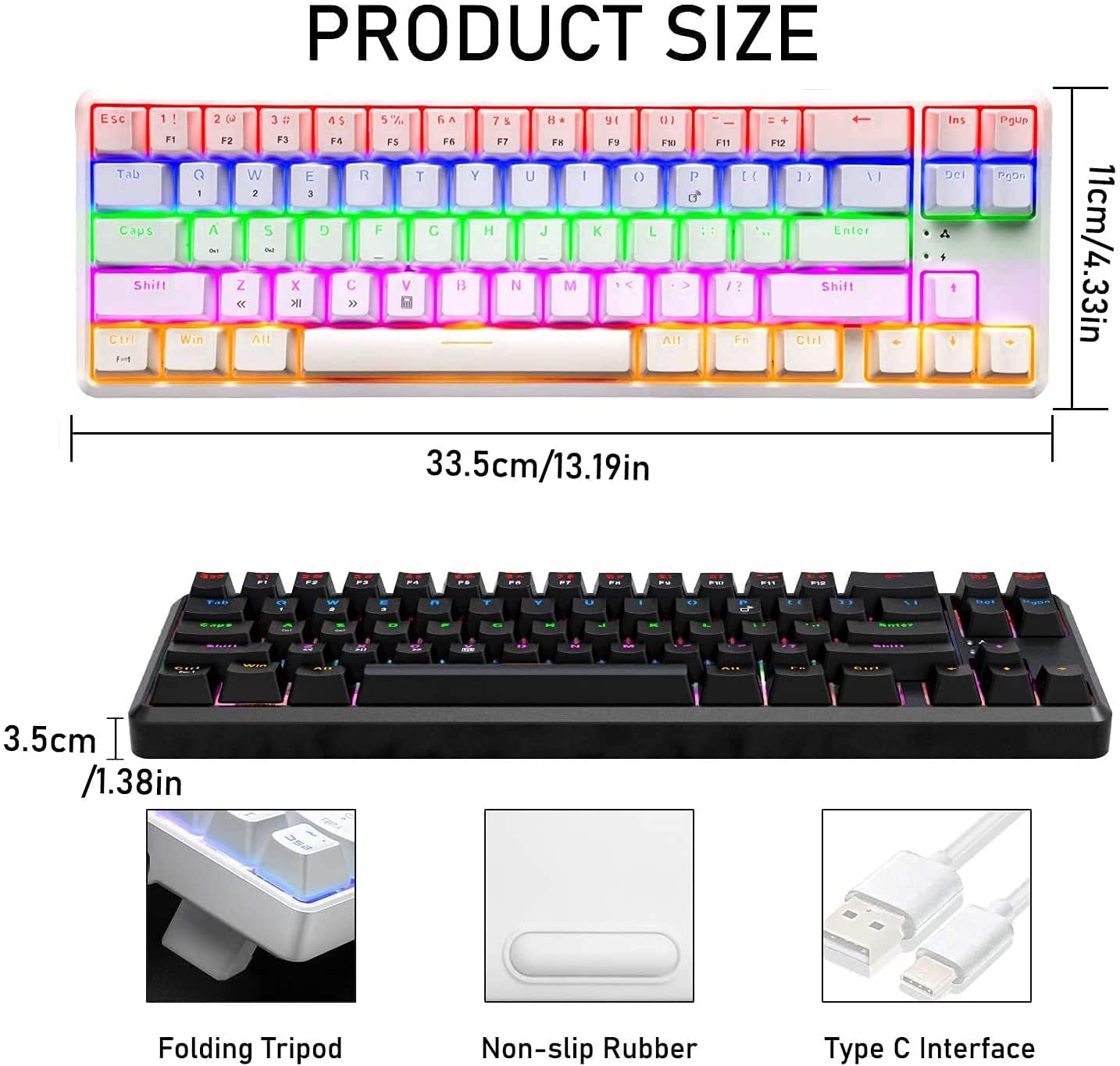 Wireless Mechanical Gaming Keyboard,60% Ultra-Compact Blue Backlit Rechargeable Bluetooth Dual Wired/Wireless Blue Switches Computer Keyboard for Multi-Device Phone Android Mobile(White Rainbow)