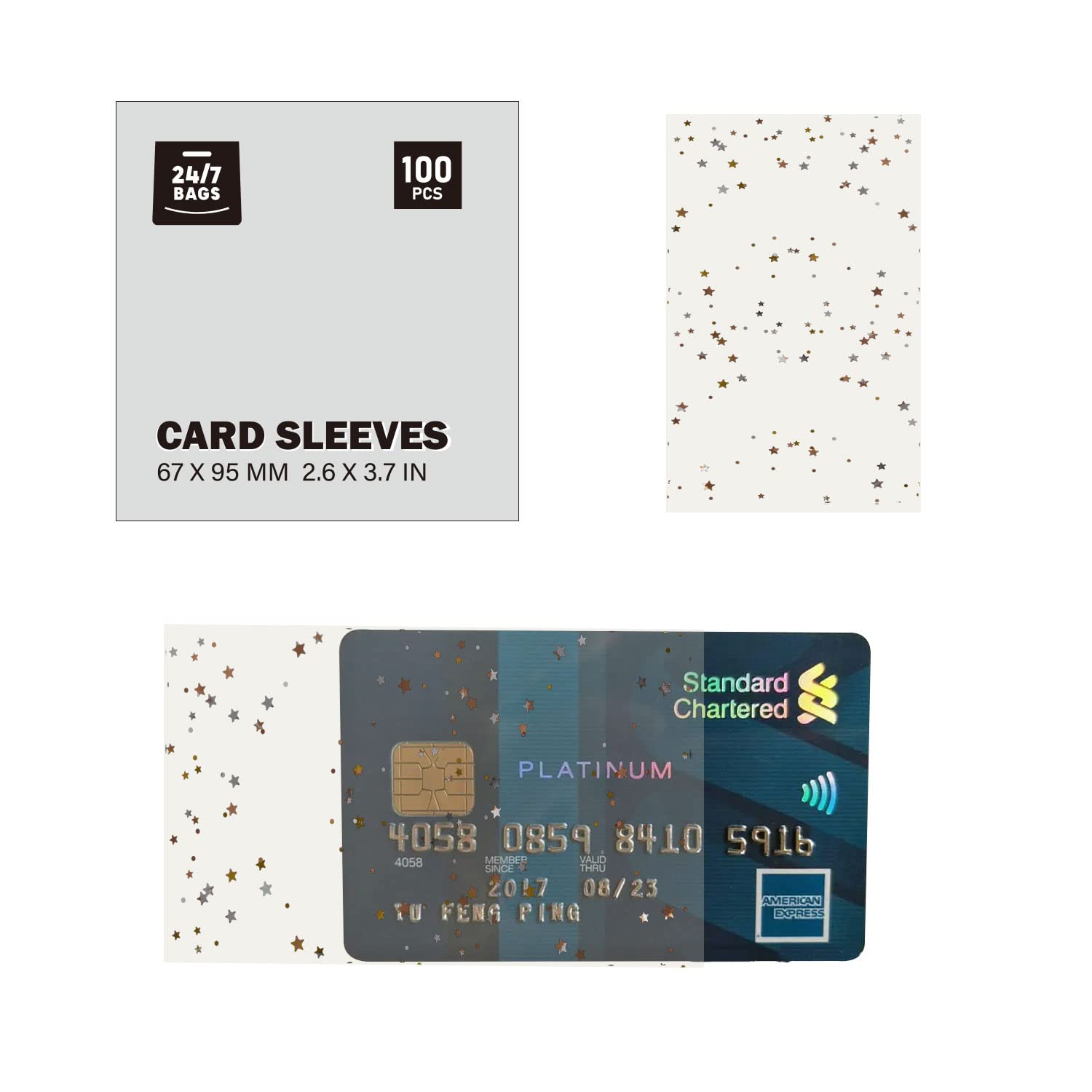 200 Top Entry Card Sleeves, 2.6βx3.7β .1 MM Thick, PVC-Free, Clear Front & Holographic Back, TCG & Collection Cards
