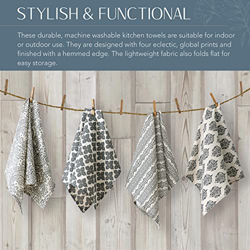 Elrene Home Fashions Everyday Casual Prints Assorted Cotton Fabric Kitchen Towels, Set of 4, 17" x 28", Gray 4 Count