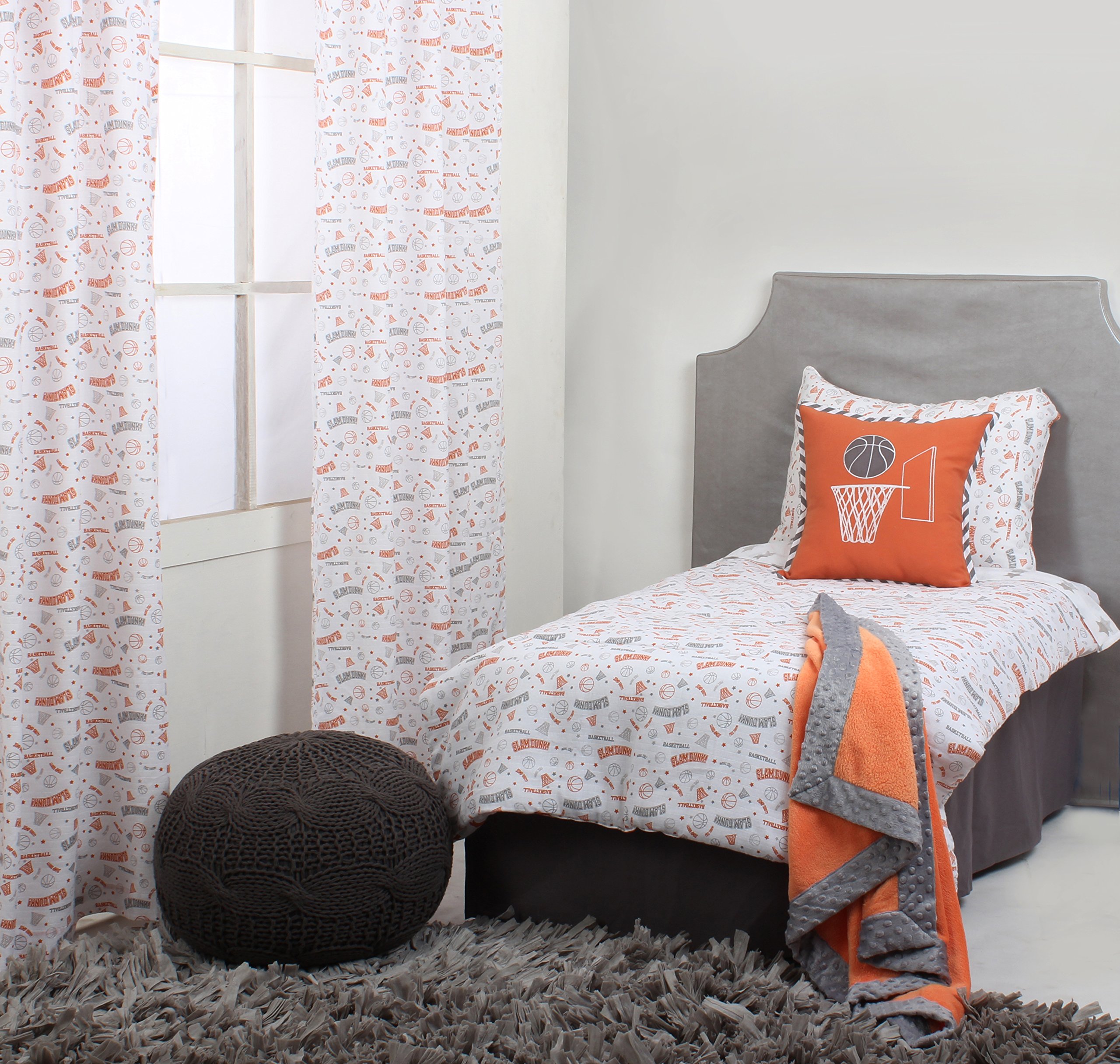 Bacati - Muslin 4 Piece Boys Toddler Bedding Set 100 Percent Cotton Includes Reversible Comforter, Fitted Sheet, Flat Sheet, and Pillow Case (Basketball Orange/Grey)