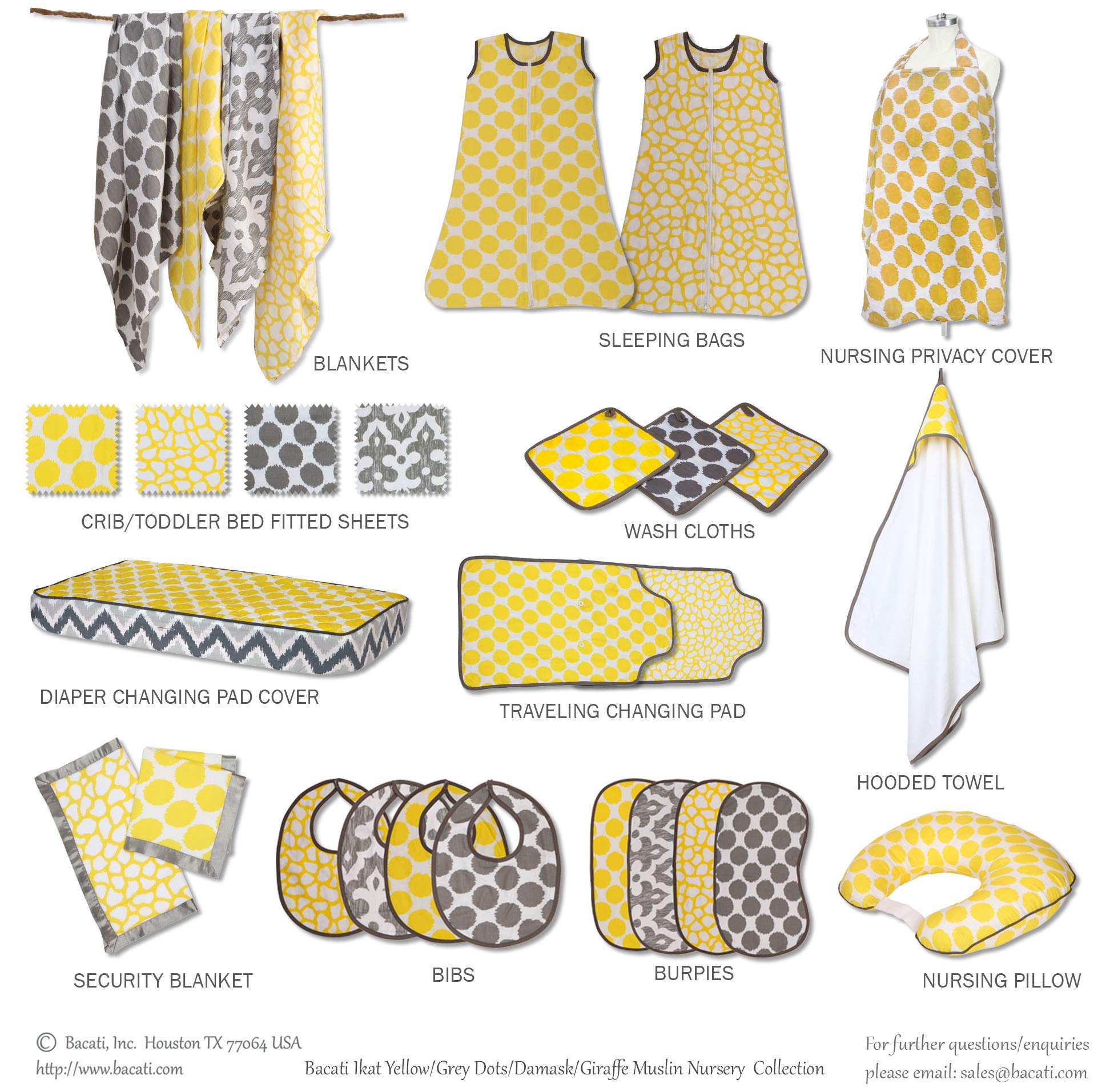 Bacati - Yellow/Grey Ikat Chevron Muslin 10 Pc Neutral Crib Set with 4 Muslin Swaddling Blankets for US Standard Crib