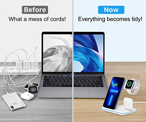 Charging Station for iPhone Multiple Devices, Foldable 3 in 1 Fast Charging Stand Dock for AirPods 3/2/1/Pro & iPhone 6-14 Series, Apple Watch Charger for Apple Watch Series with Adapter