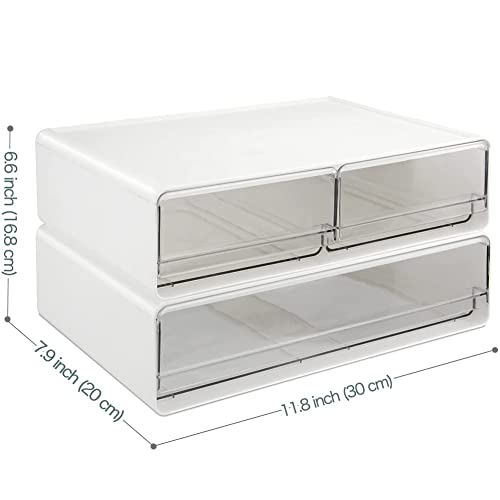 EZOWare 2 Piece Stackable Makeup Organizer Drawer Set, 3 Drawer Modular Display Storage for Vanity, Desk, Bathroom Countertop, and More - White and Clear