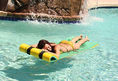 Aqua Lily Pad Tadpole Floating Pool Mat (Single Adult Foam Mattress Lounger) 7'1" x 2' Water Float Includes Pillow Straps & Storage Bag, Green/Yellow, Made in USA
