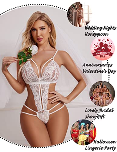 Avidlove Lingerie for Women Deep V Lingerie Teddy One Piece White Small