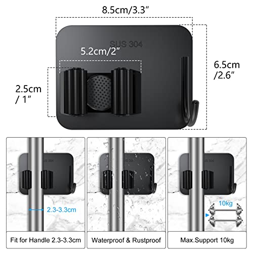 Drek Crek Mop Broom Holder Wall Mounted Heavy Duty No Drill, Adhesive Mop Broom Organizer, 304 Stainless Steel Mop Hanger Wall Mount Stick on w Hooks for Bathroom,Kitchen,Closet,Garage,Garden, 4PCS