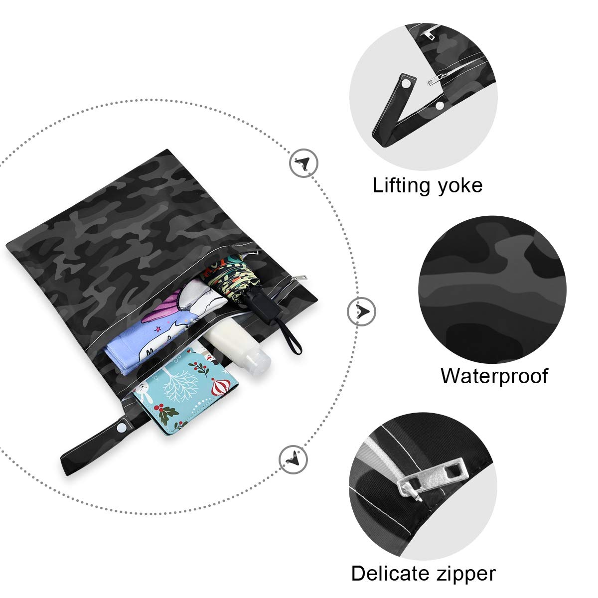 Baofu Camo Pattern Wet Dry Bags Sets Waterproof Reusable Travel Beach Baby Cloth Diaper Wet Dry Bags Organizer with Two Zippered Pockets for Swimsuit and Gym,2Pack