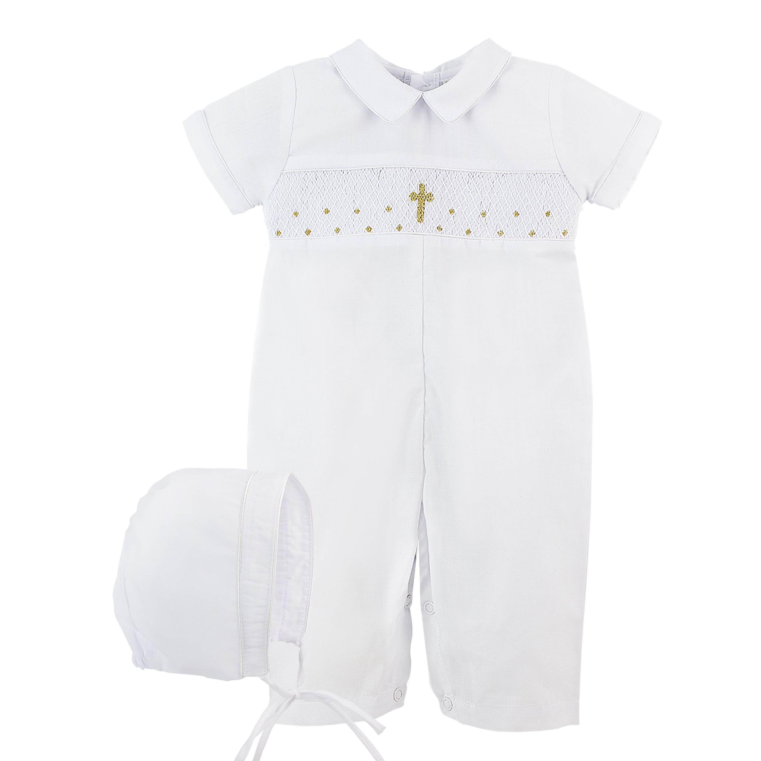 Baptism Outfits for Boys - Elegant Longall with Bonnet Featuring Hand Smocked Gold Cross Design, Perfect for Baby Boy Baptism Outfit or Christening Outfits for Boys, Boy Baptism Outfit, 9M