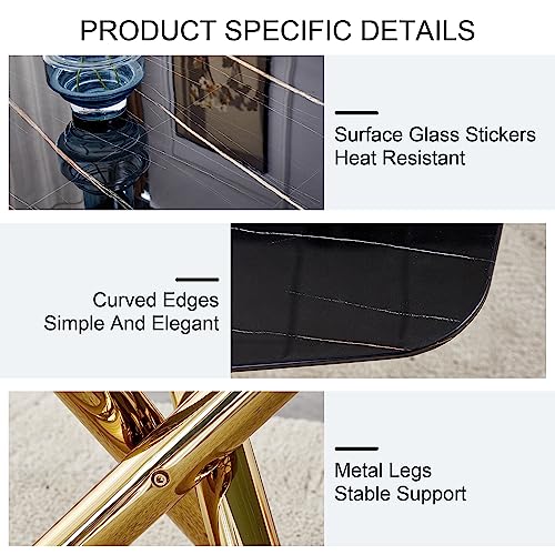71ββ Modern Glass Dining Table for 8, Large Rectangular Dining Room Table with Golden Metal Legs, Minimalist Kitchen Table for Restaurant, Meeting Room, Imitation Marble Black Desktop