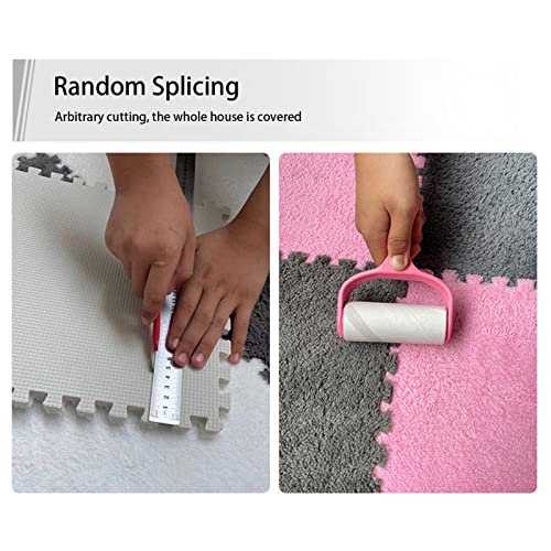 9/12/15/16 Pcs Interlocking Foam Carpet Tiles,Soft Fluffy Plush Area Rug Mat,Crawling Playmat Puzzle Mat,for Bedroom, 12X12inch, 0.4 Inch Thicken Foam,Grey+Rose red,16 PCS