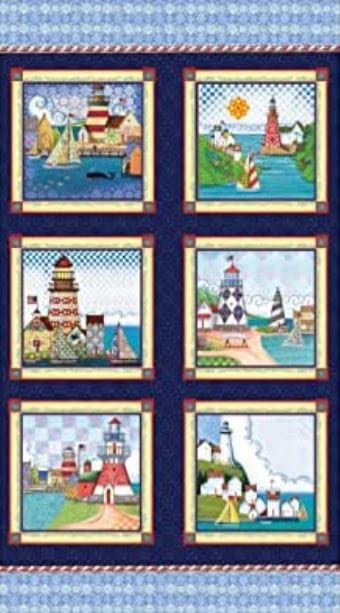 24" X 44" Panel Lighhouses Sailboats Shore Buildings Coastal Cities Oceans Water Seas Blue Cotton Fabric Panel (D579.74)