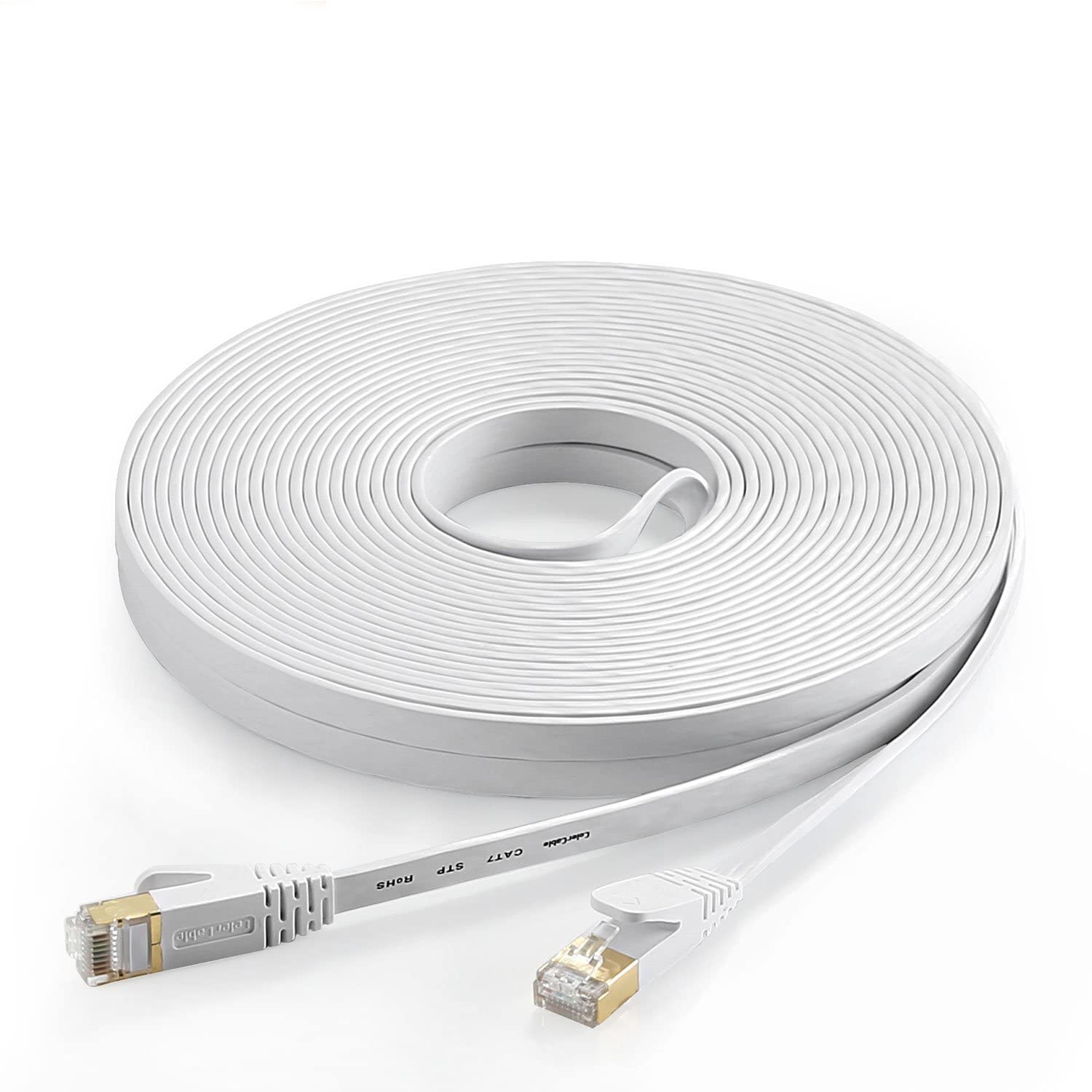CelerCable - Flat Ethernet Cable Shielded(STP) Cat7 100ft with Snagless RJ45 Connectors, Long Slim Network Cable Flat Cat 7 Ethernet Patch Cable, Internet Patch Cable Computer Networking Cord (White)