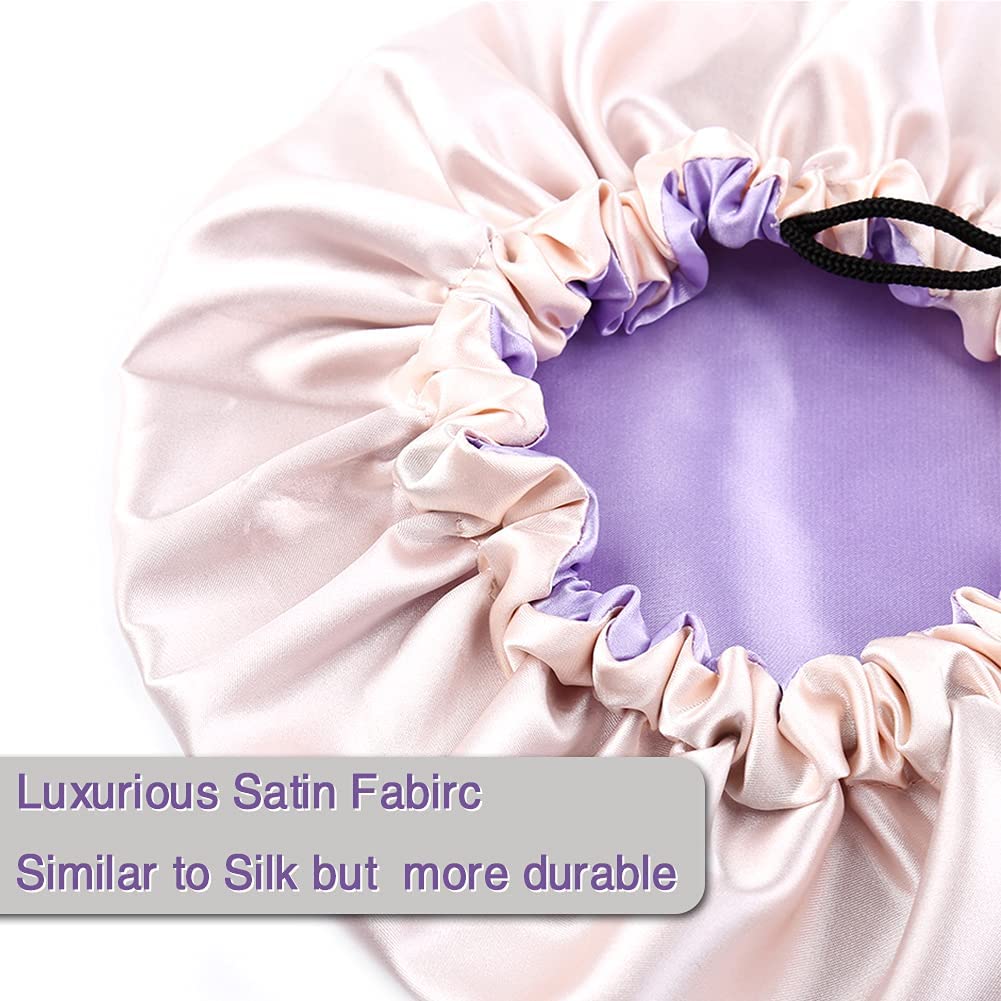 greatremy Kids Satin Bonnet Sleep Cap,Double Layer Soft Elastic Baby Satin Natural Hair Bonnets with Adjustable Drawstring for Girl Boy Infant Toddler Child Sleeping (Reversible Champagne/Purple)