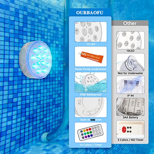 2 Pack Rechargeable Pool Lights, Pool Lights for Inground Pools IP68 Waterproof, Underwater Submersible Lights with Remote Timer, 13 LED 16 Colors Floating Pond Light for Bathtub Hot Tub Aquarium