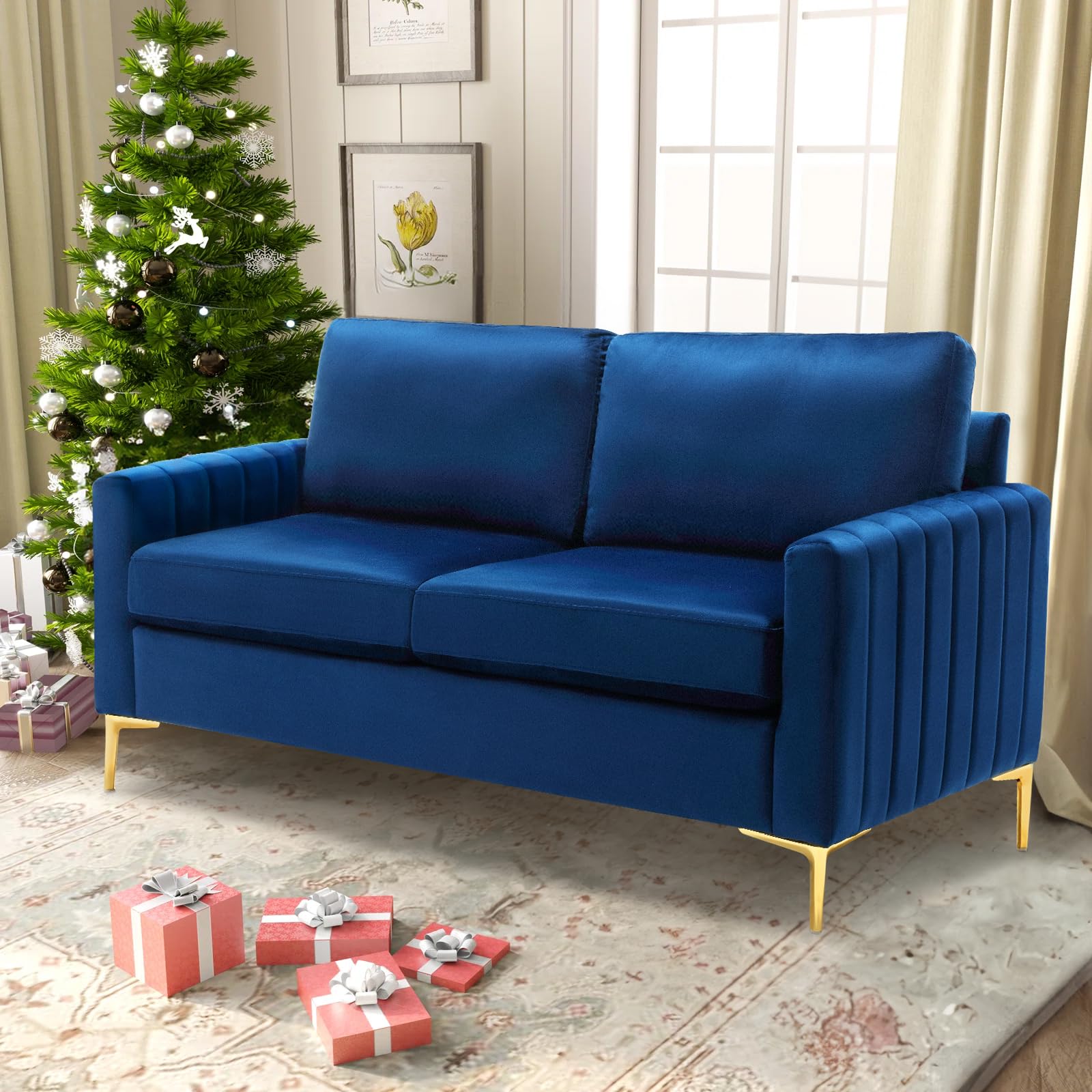 65'' Blue Couch for Small Space, Modern Comfy Upholstered 2-Seater Tufted Velvet Love Seat Sofa Couches for Livingroom Bedroom Apartment Furniture, Soft Foam Pocket Spring Hybrid Cushioned, Gold Leg