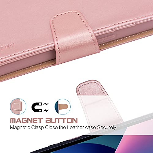 Arae Compatible with iPhone 13 Case[ Not for iPhone 13 Pro] with Card Holder and Wrist Strape Wallet Flip Cover for iPhone 13 6.1 inch-Rose Gold