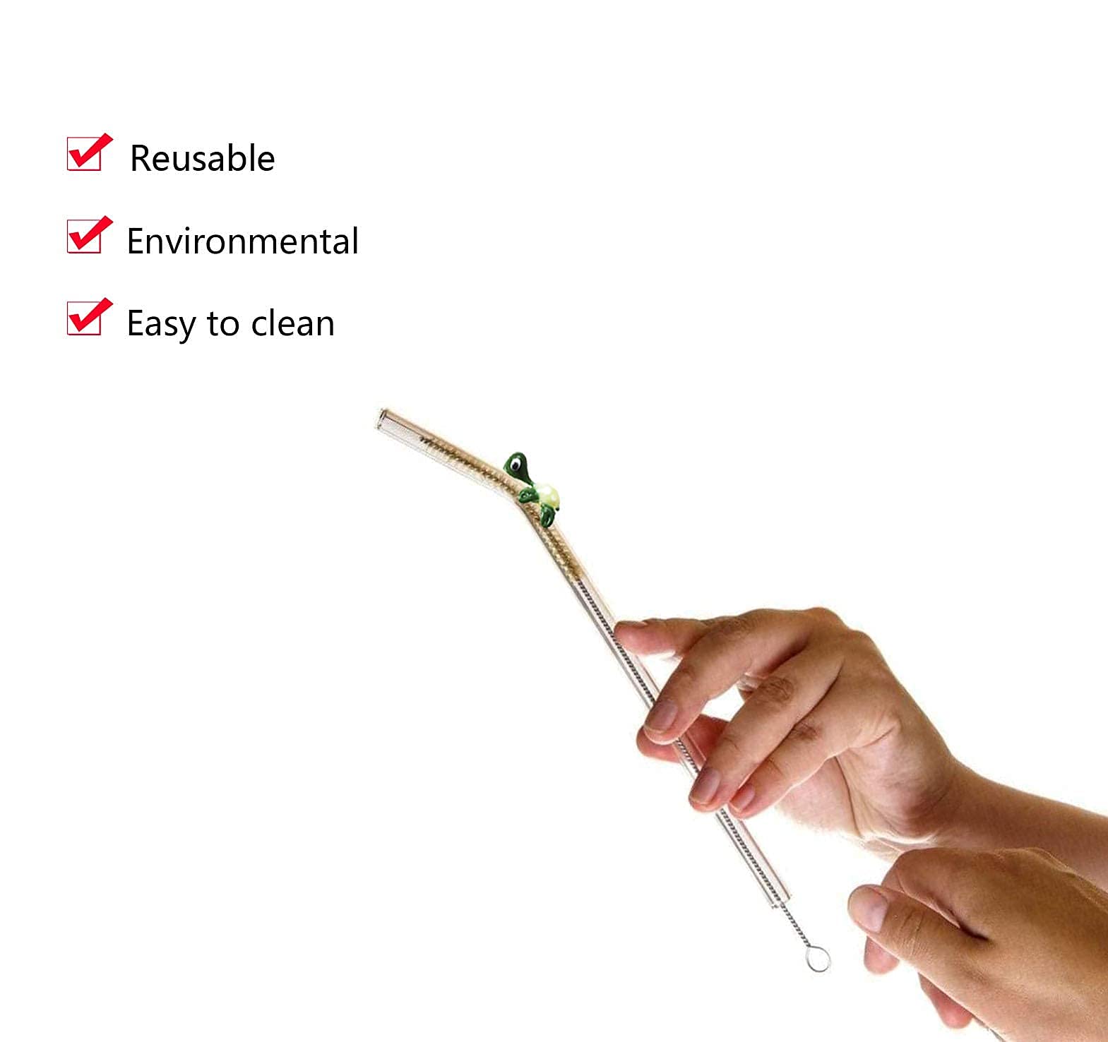 3pcs Reusable Glass Straws Green Turtle on Clear Bent Straw 8 in x 9 mm With Cleaning Brush, Perfect for Smoothies, Cocktails