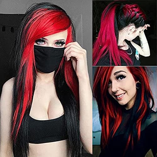 Baruisi Long Red Black Wig Silky Straight Synthetic Heat Resistant Side Bangs Halloween Costume Hair Wigs for Women