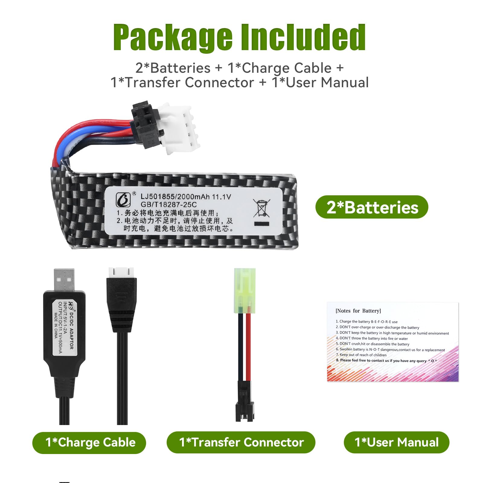 HYF 2 pcs 11.1V 2000mAh 501855 Soft-Gun Toy Rechargeable Li-ion Batteries SM2P Plug with a USB Charging Cable for WPL RES V-3 ESC 1/16 Crawler and Some Water-Gun Toy