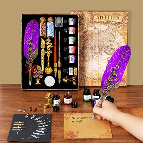 Aifeiter Feather Pen Ink Set,Quill Pen Ink Set,Wax Seal Stamp Set,Feather Calligraphy Pen Set,Birthday Present,Christmas Gifts,Holiday Ideal Gift(purple)