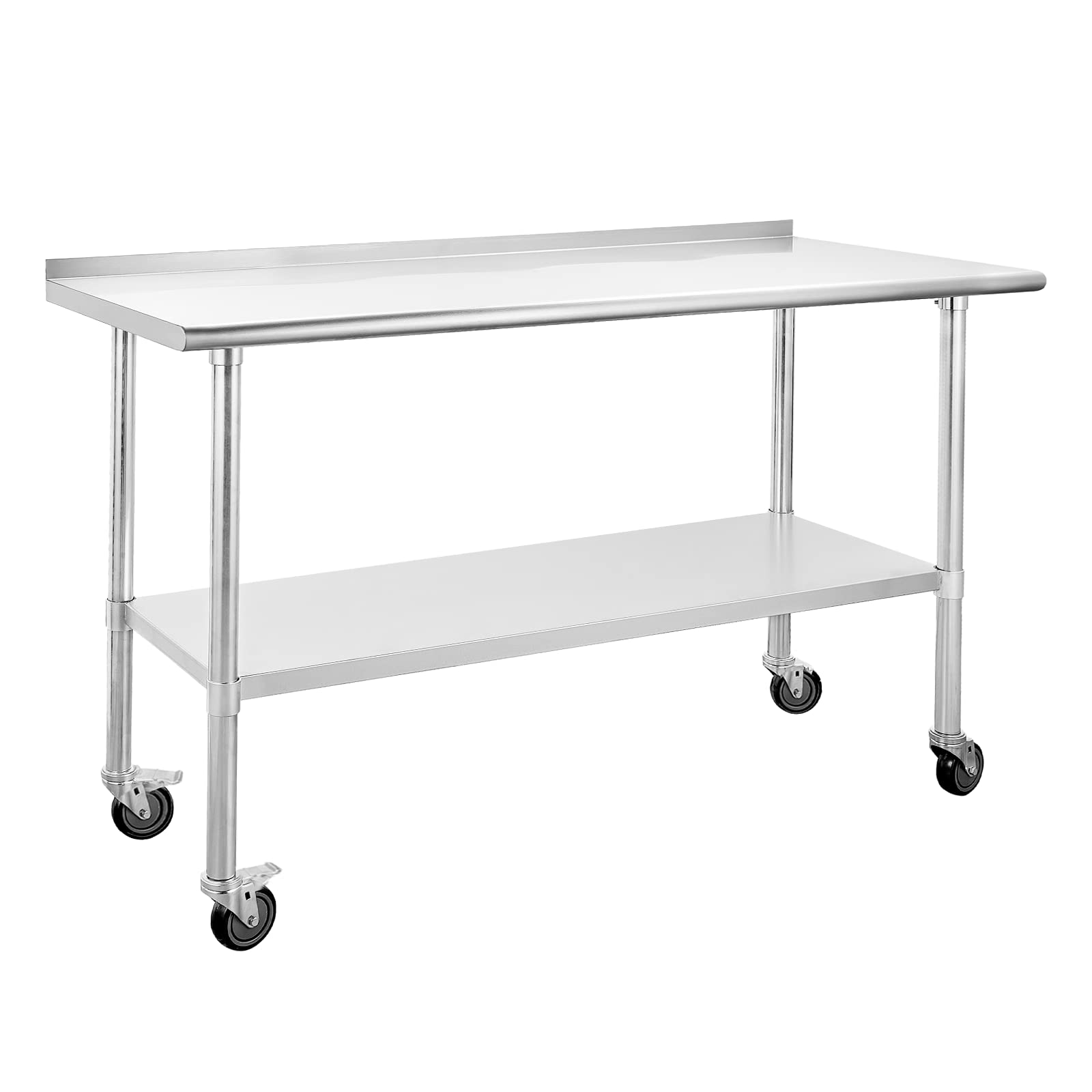 Chingoo Stainless Steel Table with Wheels 24 x 60 Inches Metal Prep Table with Backsplash & Adjustable Undershelf, Stainless Table for Commercial Kitchen, Outdoor, Restaurant, Hotel & Garage