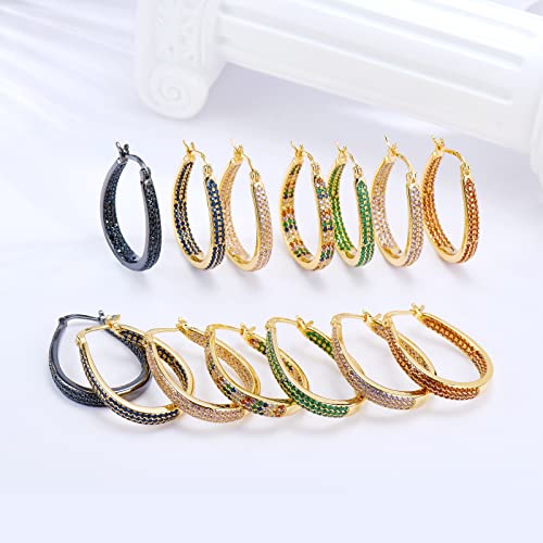 925 Sterling Silver Post Hoop Earrings for Women Gilrs Black Cubic Zirconia Oval Chunky Black Hoop Earrings weinuo Jewelry