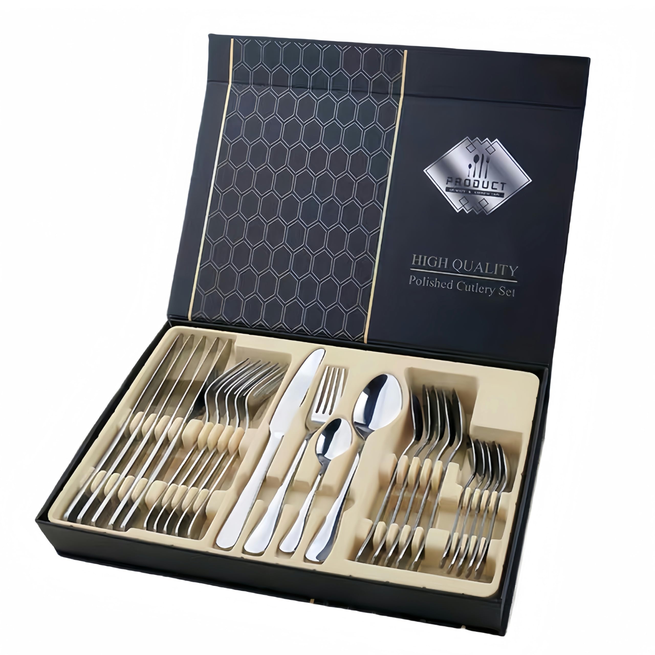 24-Piece Stainless Steel Cutlery Service for 6, Mirror Polished Tableware with Dinner Fork, Steak Knife, Dinner Spoon & Salad Spoon, Dishwasher Safe, Suitable for Dinner, Banquet, Parties