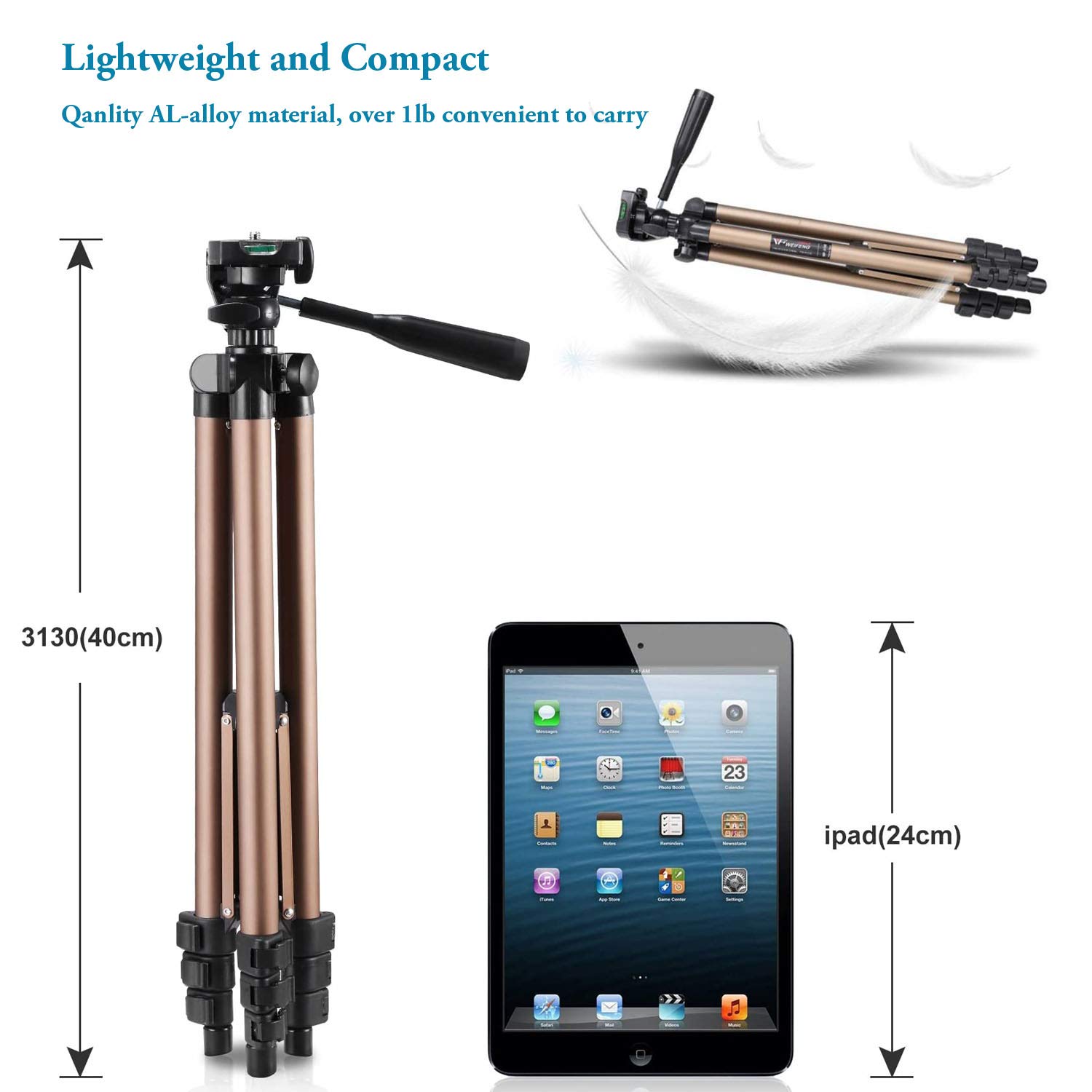 IPad Tripod Stand Universal Tablet Phone Mount Holder 51in Lightweight with Bluetooth Remote for iPad Pro 12.9 11 10.5,iPad Air Mini,Surface Tab,Galaxy Tab and 3.5 to 13.5in iPhone Tablet - Champagne