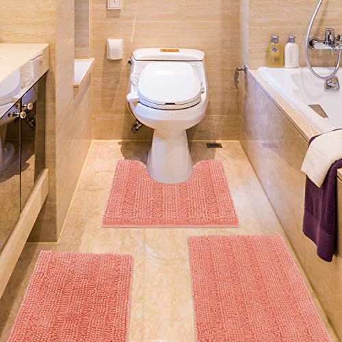 ACCUMTEK Striped Coral Bathroom Rug Set 3 Pieces Ultra Soft, Non Slip Chenille Toilet Mat, Absorbent Plush Shaggy Bath Mats for Bathroom, Bedroom, Kitchen