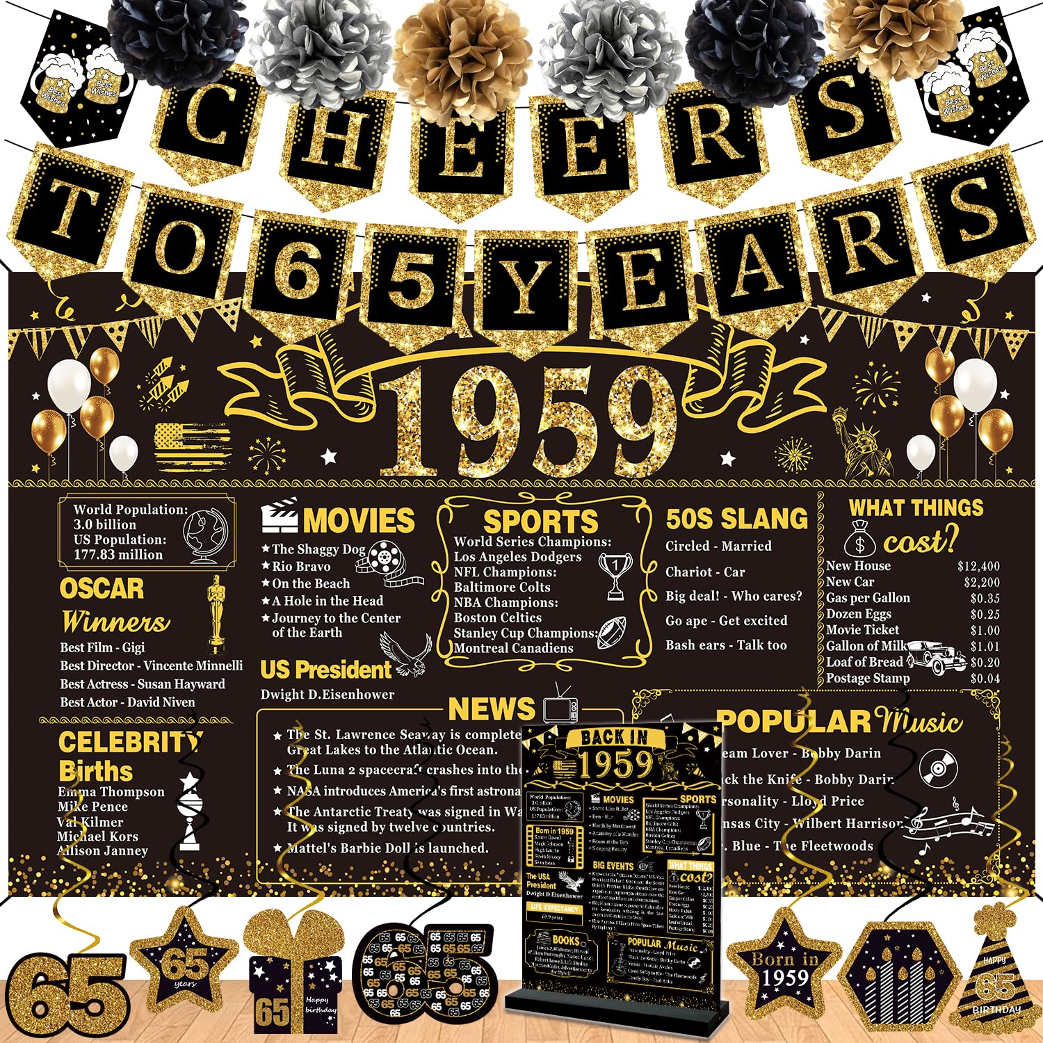65th Birthday Decorations for Men Women,16PCS Back in 1959 Banner Decorations,Including Vintage 1959 Banner,1959 Anniversary Card,Cheers to 65 Years Banner,7 Hanging Swirl,6 Paper Poms