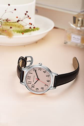BRIGADA Women's Watch Nice Fashion Elegant Pink Black Leather Band Ladies Watch for Women