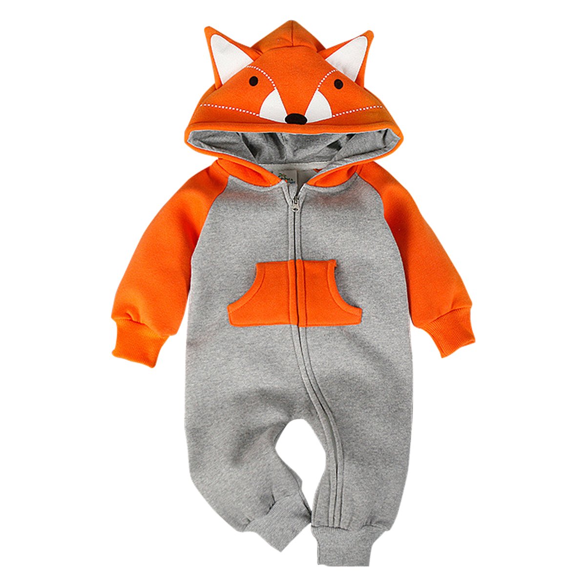 Bebone Hooded Fleece Romper for Baby Girls Boys Cartoon Animal Fox Jumpsuit (0-3M, Orange)