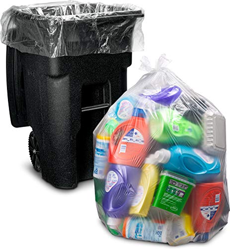 95-96 Gallon Clear Trash Bags, (Value 25 Bags w/Ties) Extra Large Clear Plastic Garbage Bags, 61"W x 68"H.