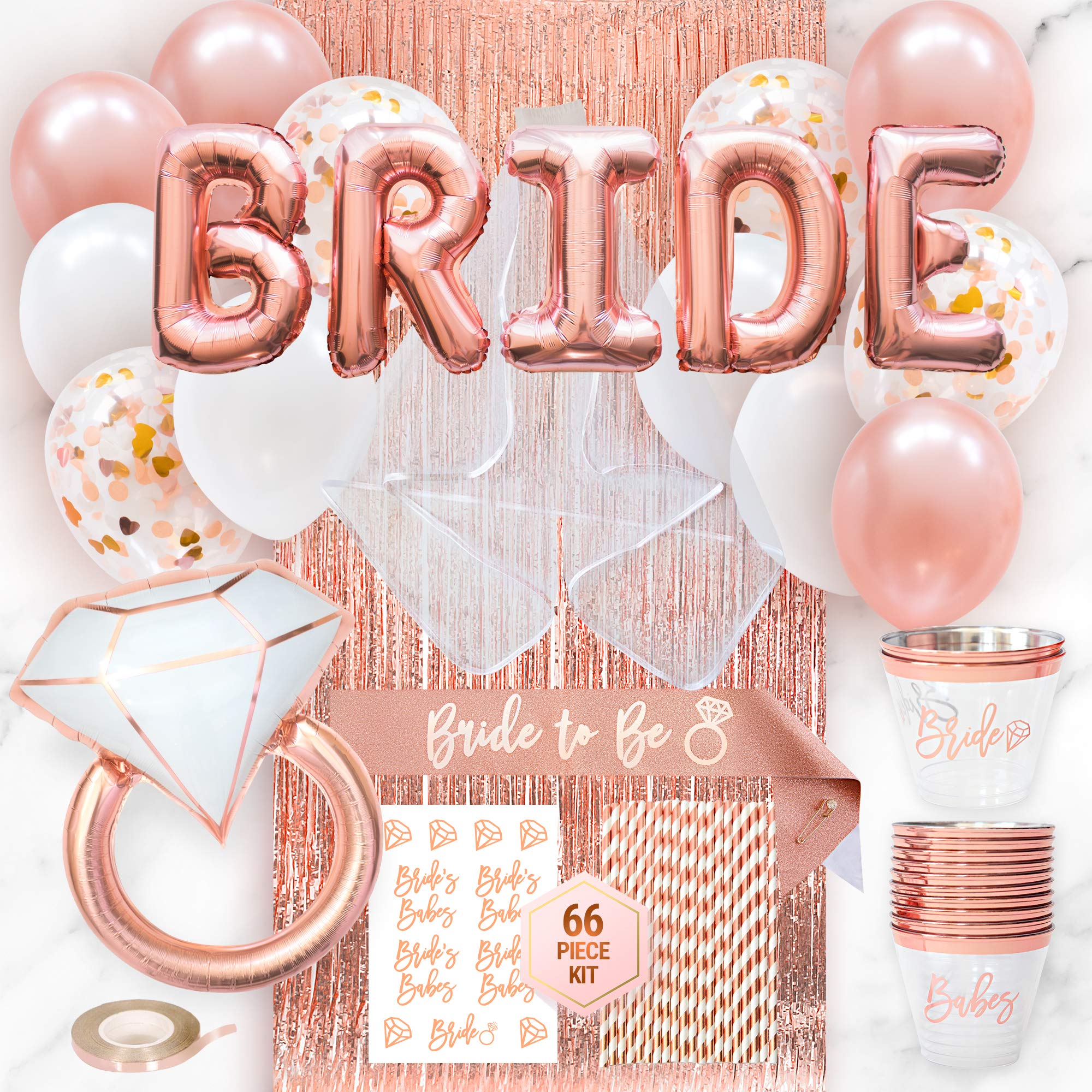 66 Piece Rose Gold Mega Bachelorette Party Decorations Kit, Fun Bridal Shower Decorations Pack, Bride to Be Sash, Rose Gold Cups, Veil, Bride & Ring Balloons, Premium Bridal Decorations for Shower
