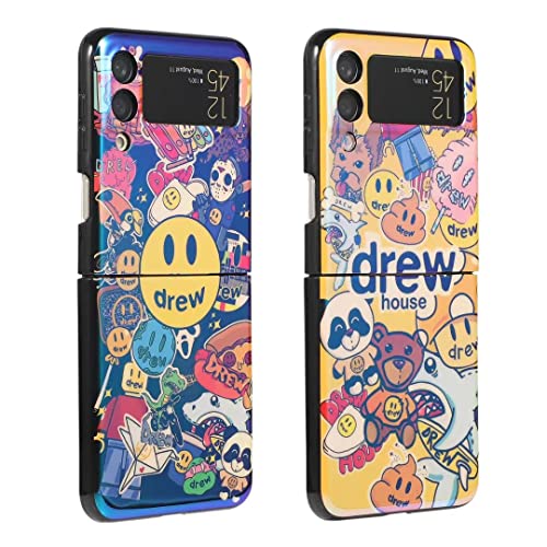 AiKeDuo for Samsung Galaxy Z Flip 3 5G Case Shockproof Protective Hard Bumper Folding Cover Soft Blu-Ray Long Strap Rope Cartoon Animal Panda Smiley Case Girls Woman for Z Flip 3 Case (Blue)