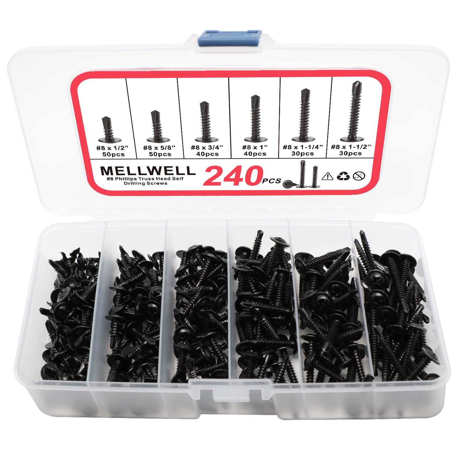 240PCS #8 Self Drilling TEK Screw Assortment Kit, Hex Washer Head Self Tapping Screws for Metal, Black Oxide 410 Stainless Steel Screws, Length 1/2" to 1-1/2"