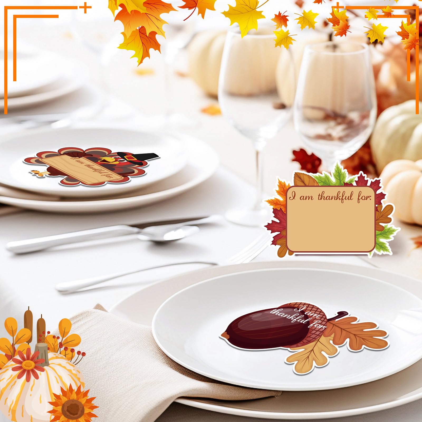 200 Pcs Thanksgiving Plate Decor Thankful Table Place Cards Maple Leaf Turkey Pumpkin Thanksgiving Place Cutouts Thanksgiving Decor for Table Plate Setting Fall Home Party Name Cards Decor