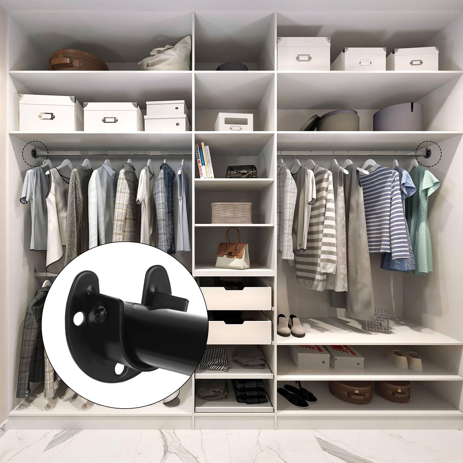 ABuff 10 Pack Stainless Steel Closet Rod Bracket, 1-1/4 Inch Closet Rod Holder, Heavy Duty Closet Rod Support Brackets, U Shaped Closet Pole Sockets Flange Rod Holder for Closet, Curtain Rod (Black)