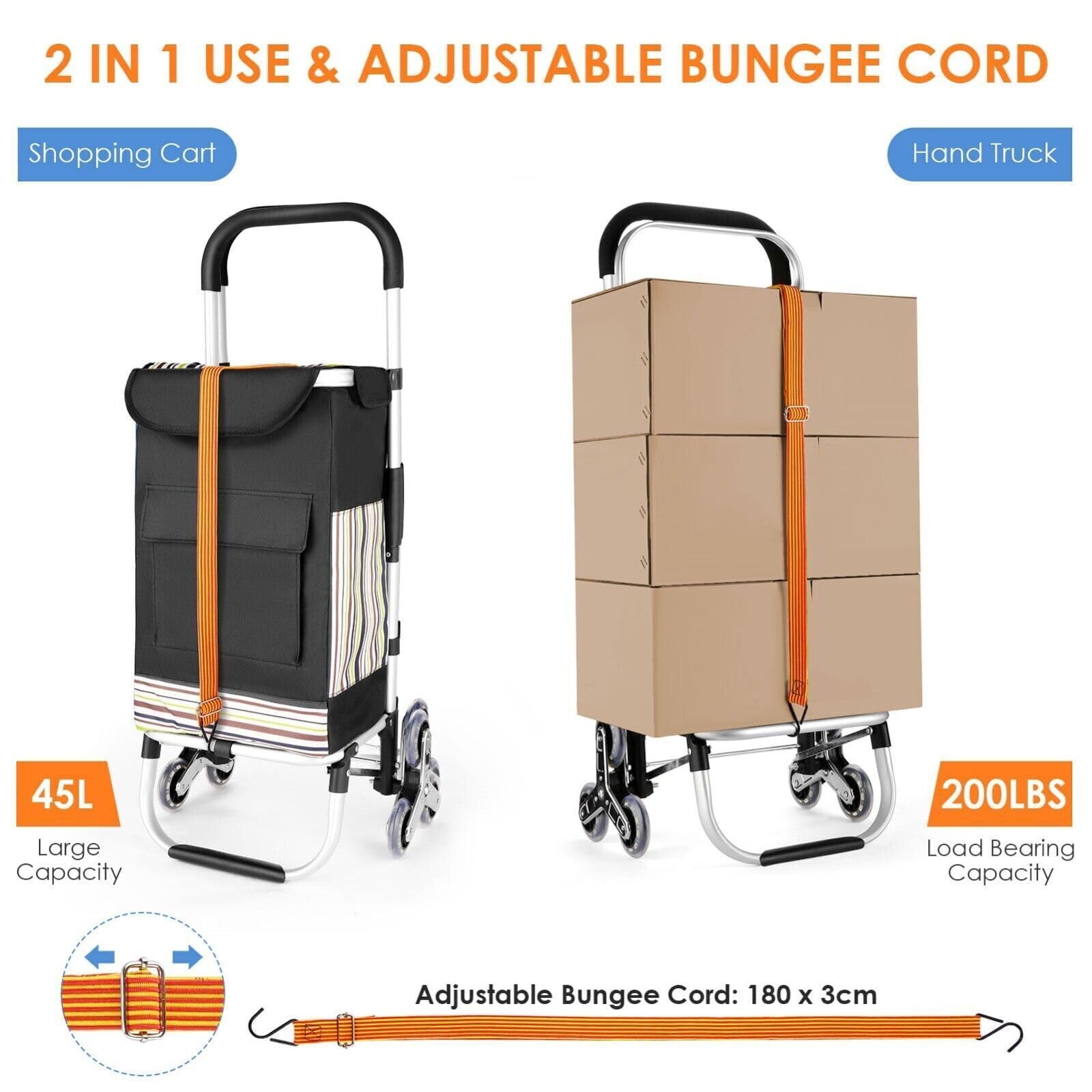 2-in-1 Folding Shopping Cart 150 Lbs Stair Climbing Dolly 45 L Grocery Cart New~